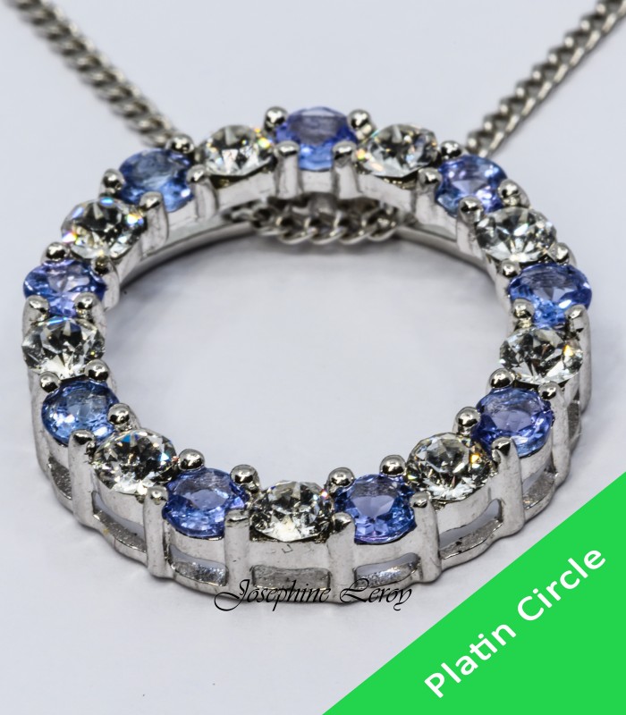 Platinum-plated blue sapphire with crystal circle pendant